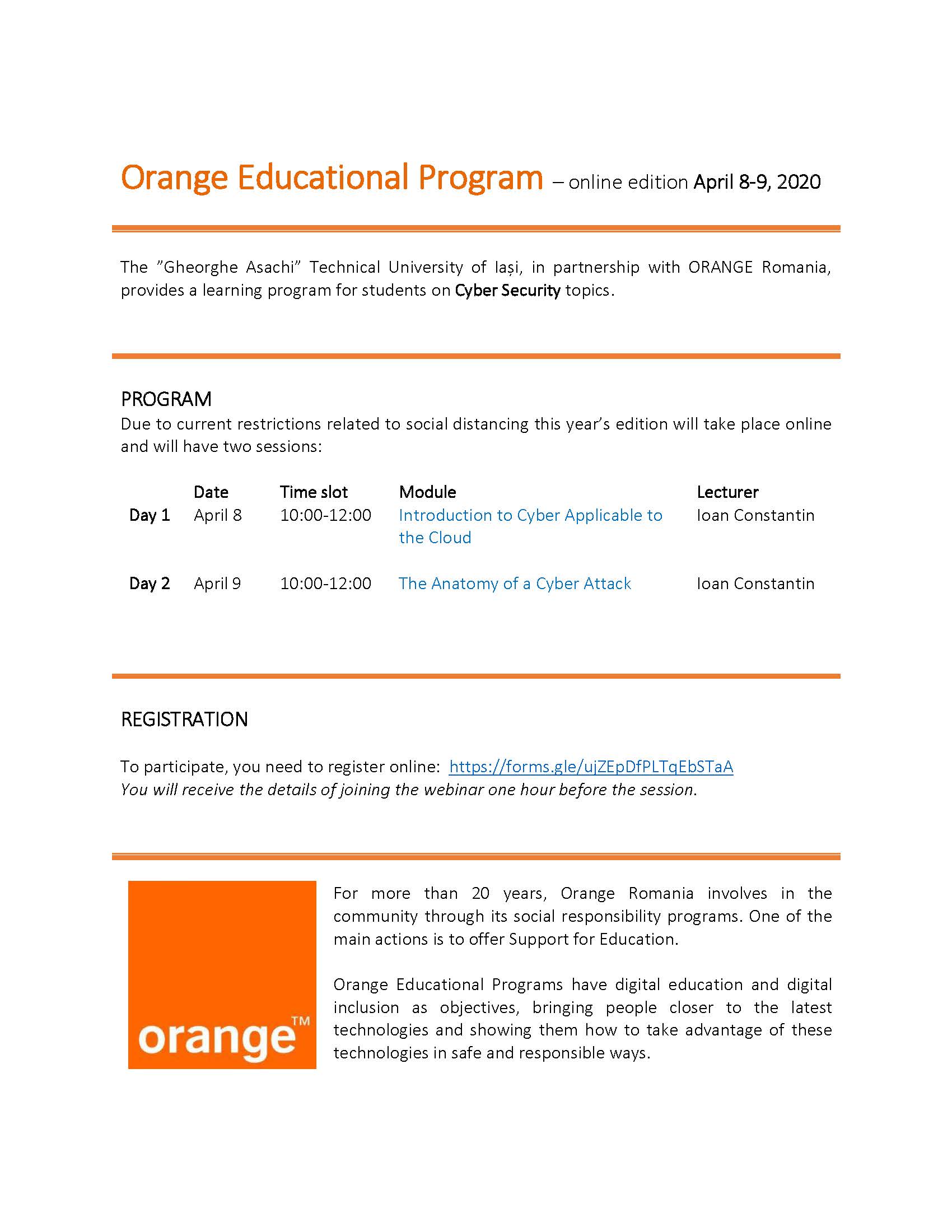 Orange Educational Program 2020 – Facultatea de Automatică și Calculatoare